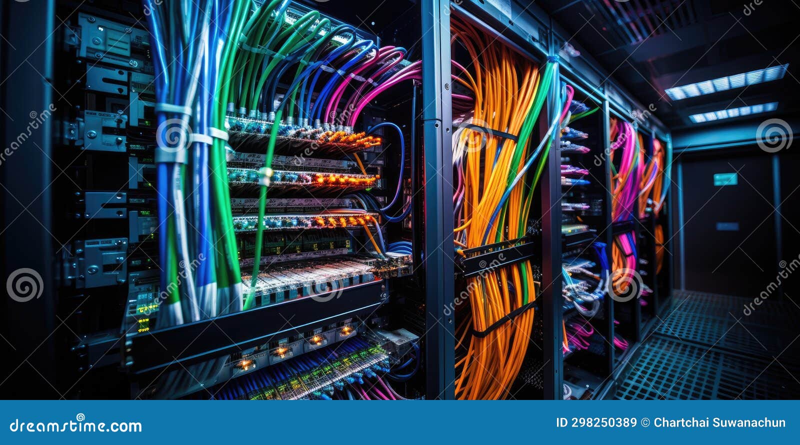 A Complex Set of Wires and Cables Converge in Data Center Where Server ...