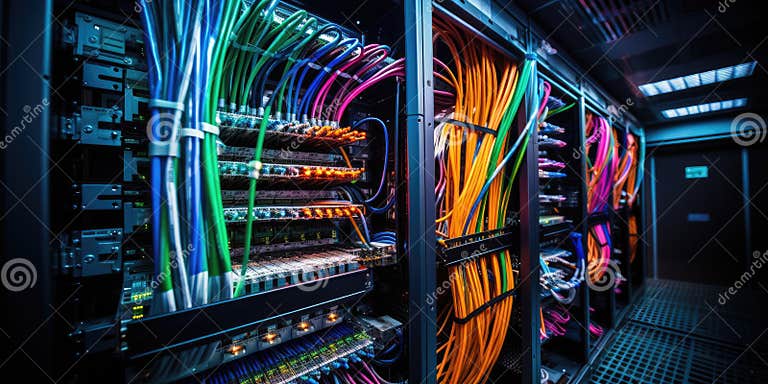 A Complex Set of Wires and Cables Converge in Data Center Where Server ...