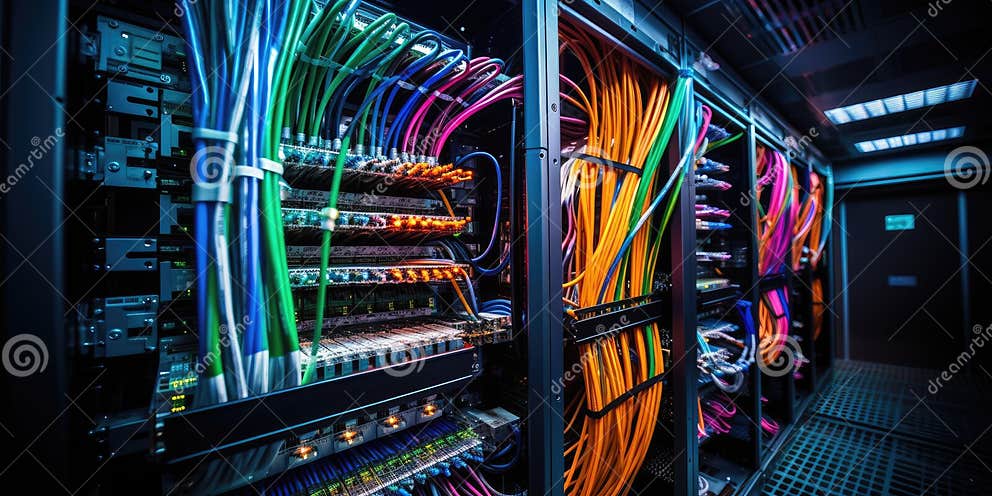A Complex Set of Wires and Cables Converge in Data Center Where Server ...