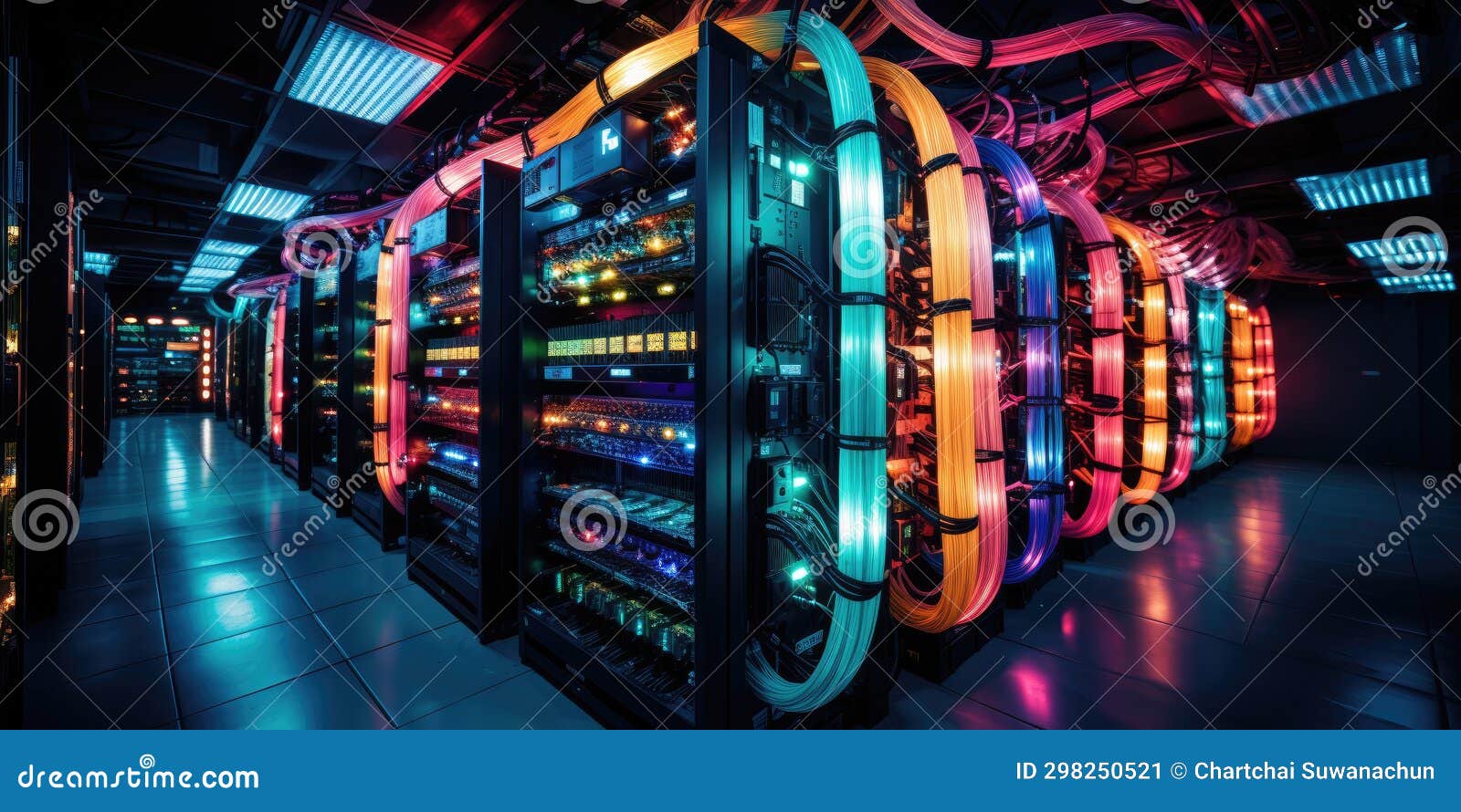 A Complex Set of Wires and Cables Converge in Data Center Where Server ...