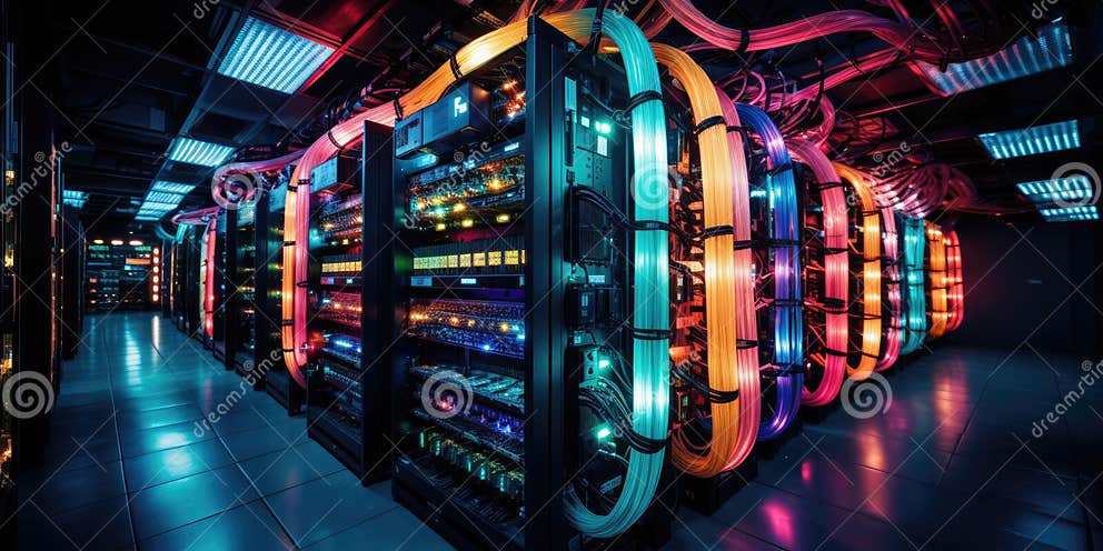 A Complex Set of Wires and Cables Converge in Data Center Where Server ...