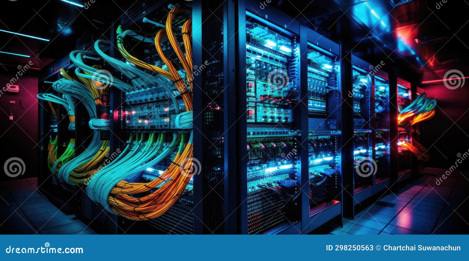 A Complex Set of Wires and Cables Converge in Data Center Where Server ...