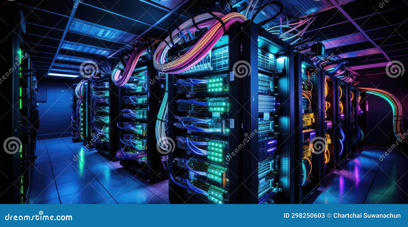 A Complex Set of Wires and Cables Converge in Data Center Where Server ...