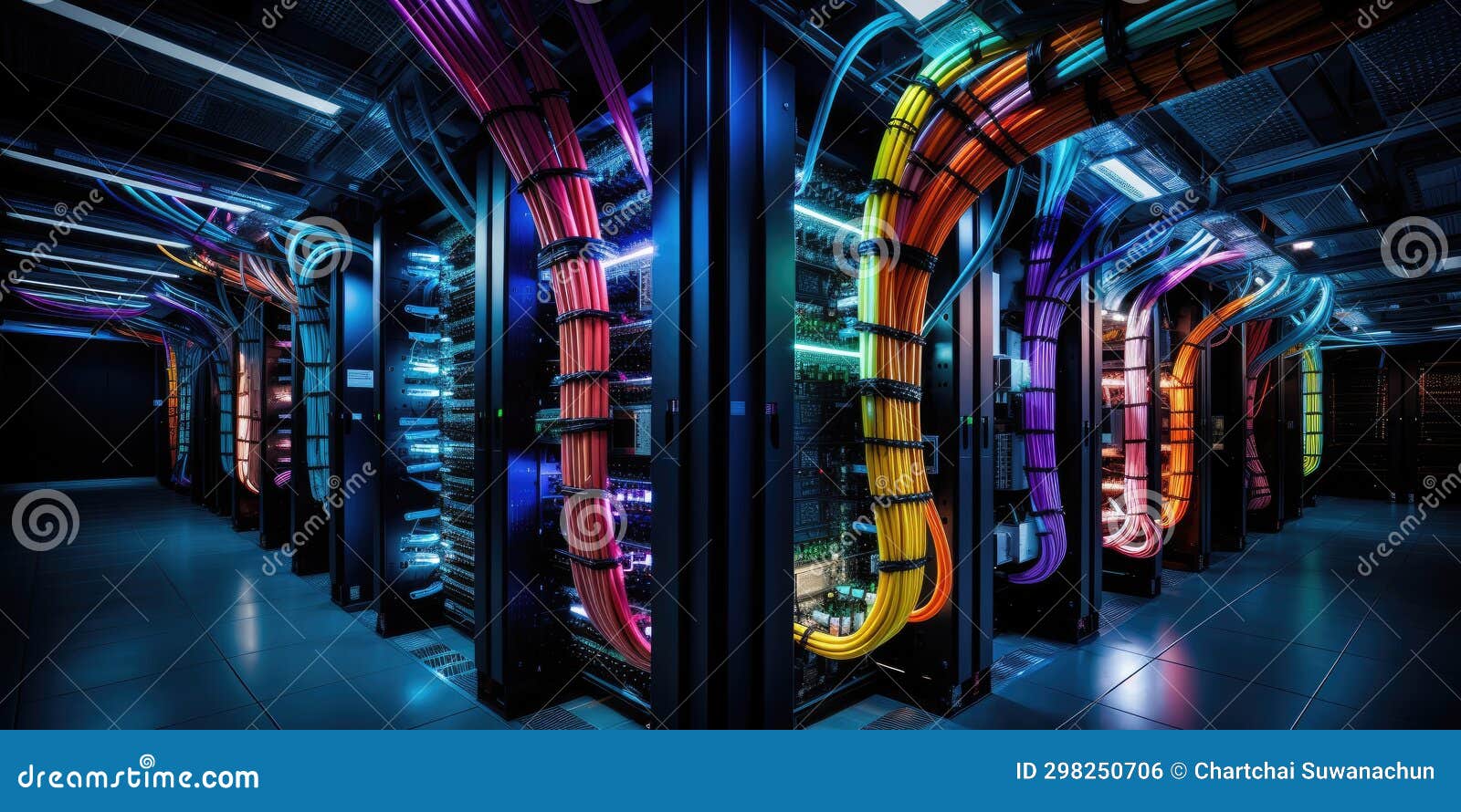 A Complex Set of Wires and Cables Converge in Data Center Where Server ...