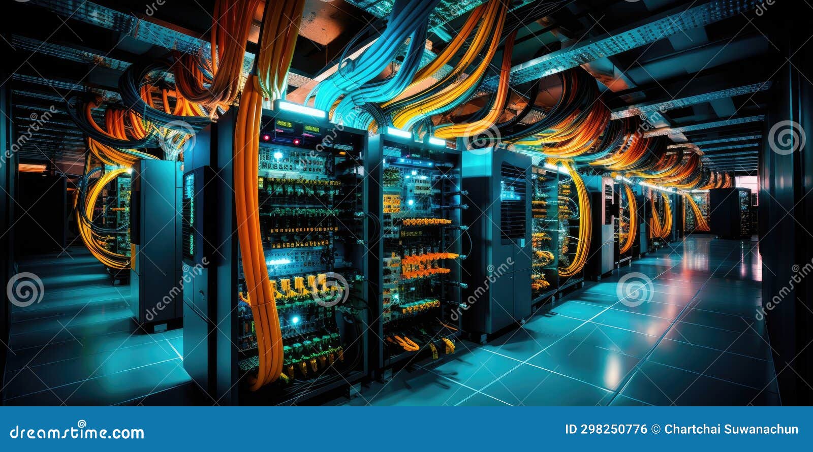 A Complex Set of Wires and Cables Converge in Data Center Where Server ...