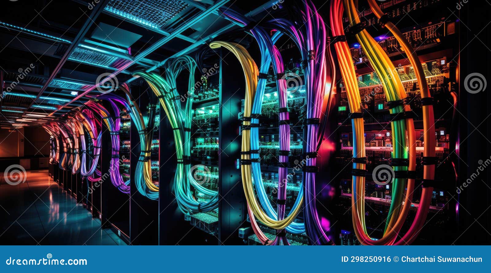 A Complex Set of Wires and Cables Converge in Data Center Where Server ...