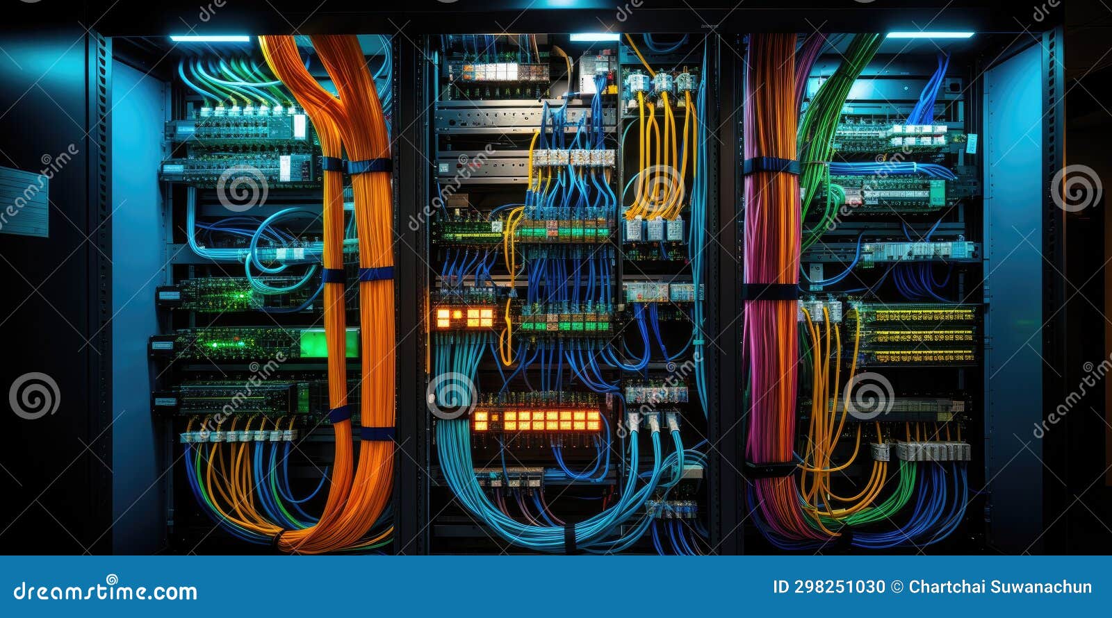 A Complex Set of Wires and Cables Converge in Data Center Where Server ...