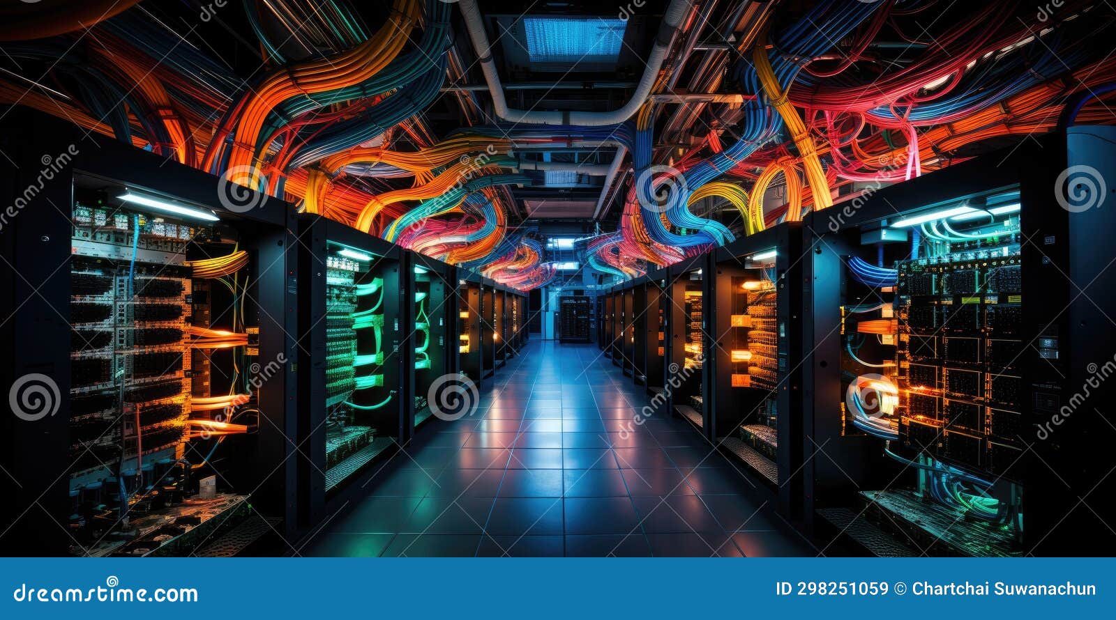 A Complex Set of Wires and Cables Converge in Data Center Where Server ...