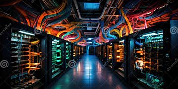 A Complex Set of Wires and Cables Converge in Data Center Where Server ...
