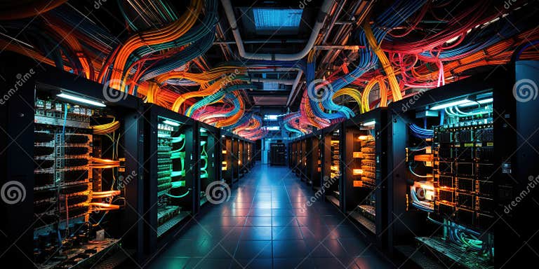 A Complex Set of Wires and Cables Converge in Data Center Where Server ...
