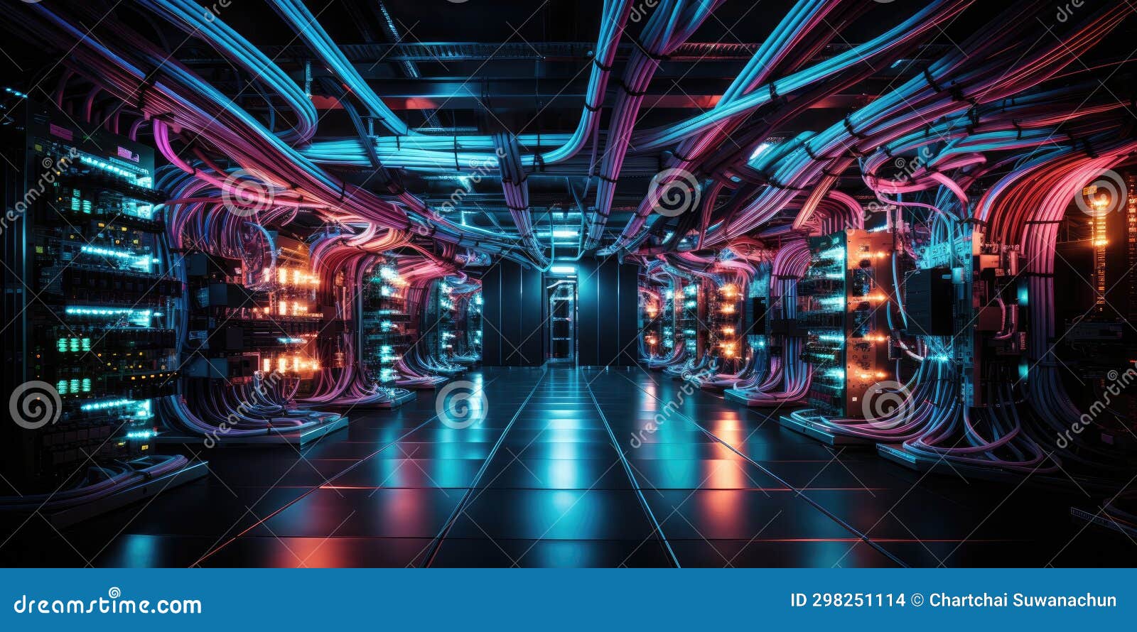 A Complex Set of Wires and Cables Converge in Data Center Where Server ...