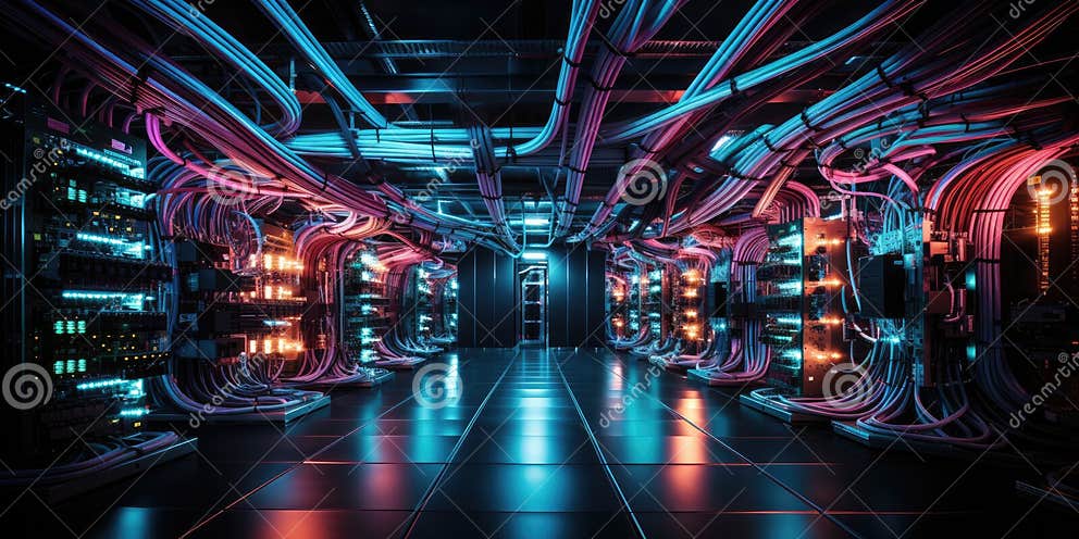 A Complex Set of Wires and Cables Converge in Data Center Where Server ...