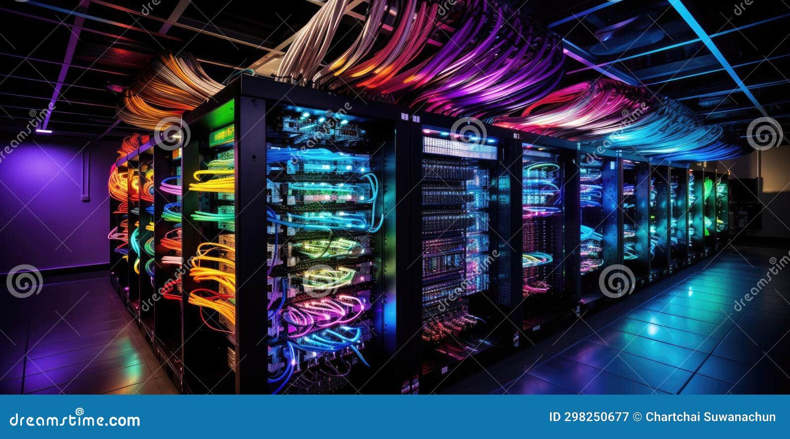 A Complex Set of Wires and Cables Converge in Data Center Where Server ...
