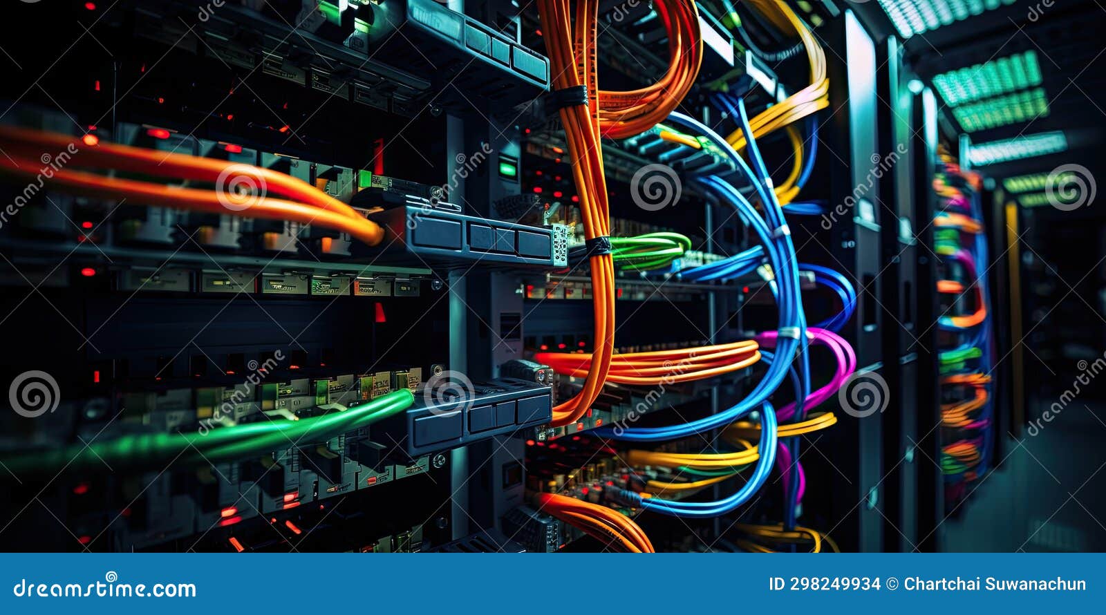 A Complex Set of Wires and Cables Converge in Data Center Where Server ...