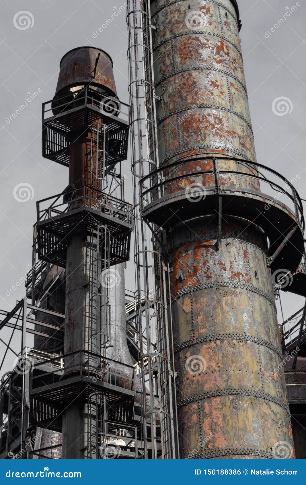 Complex of Smokestacks with Ladders and Walkways, Industrial Steel ... Complex of Smokestacks with Ladders and Walkways, Industrial Steel ...