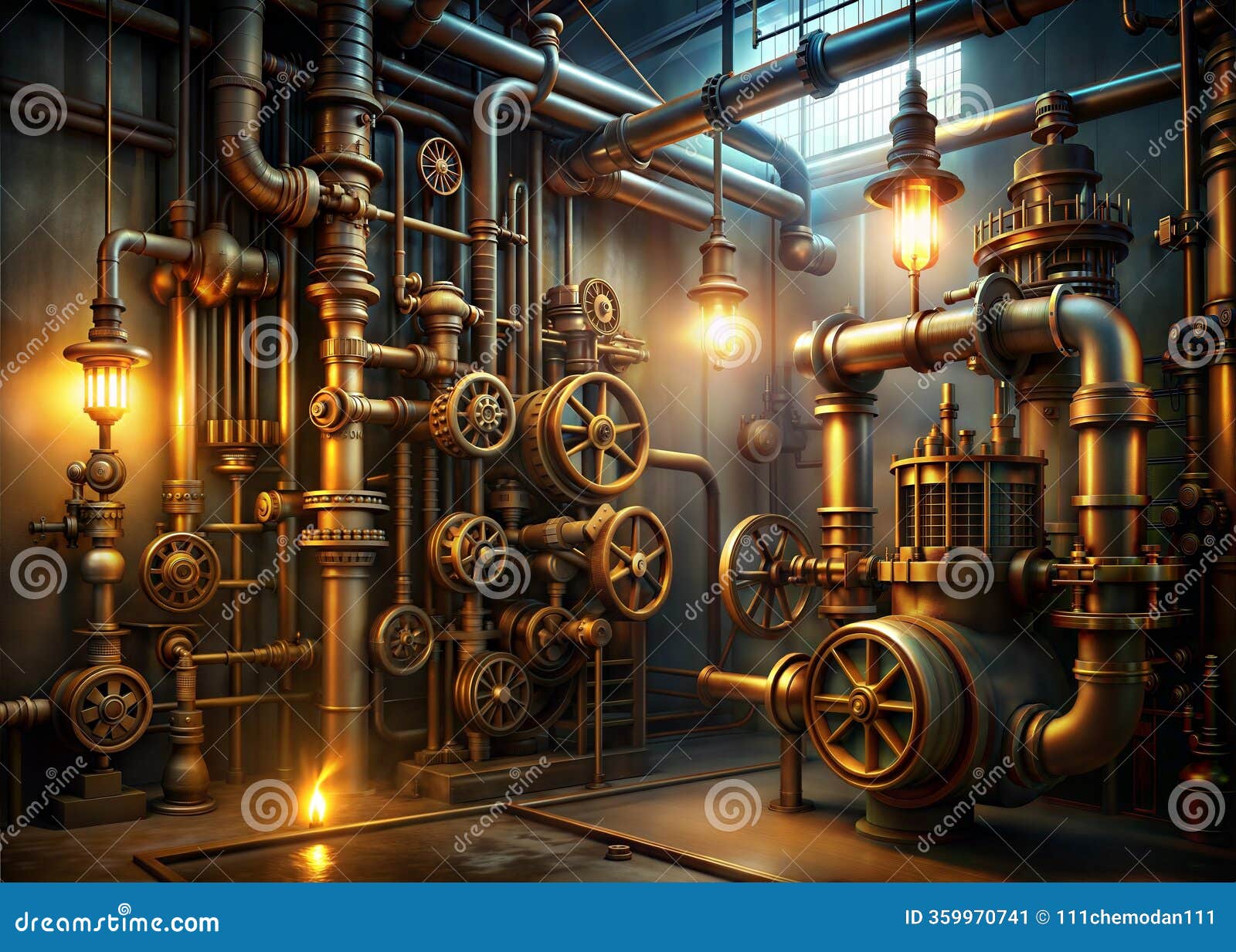 Complex Steampunk Mechanical System with Glowing Lights and Detailed ...