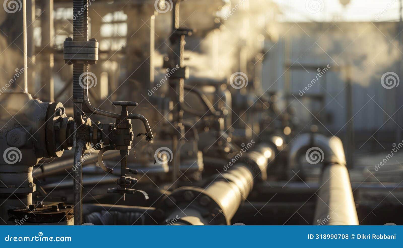 A Complex System of Industrial Pipelines and Valves with Steam, Bathed ...