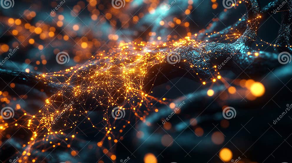 Intricate Network of Glowing Nodes and Connections Illuminating Dark ...