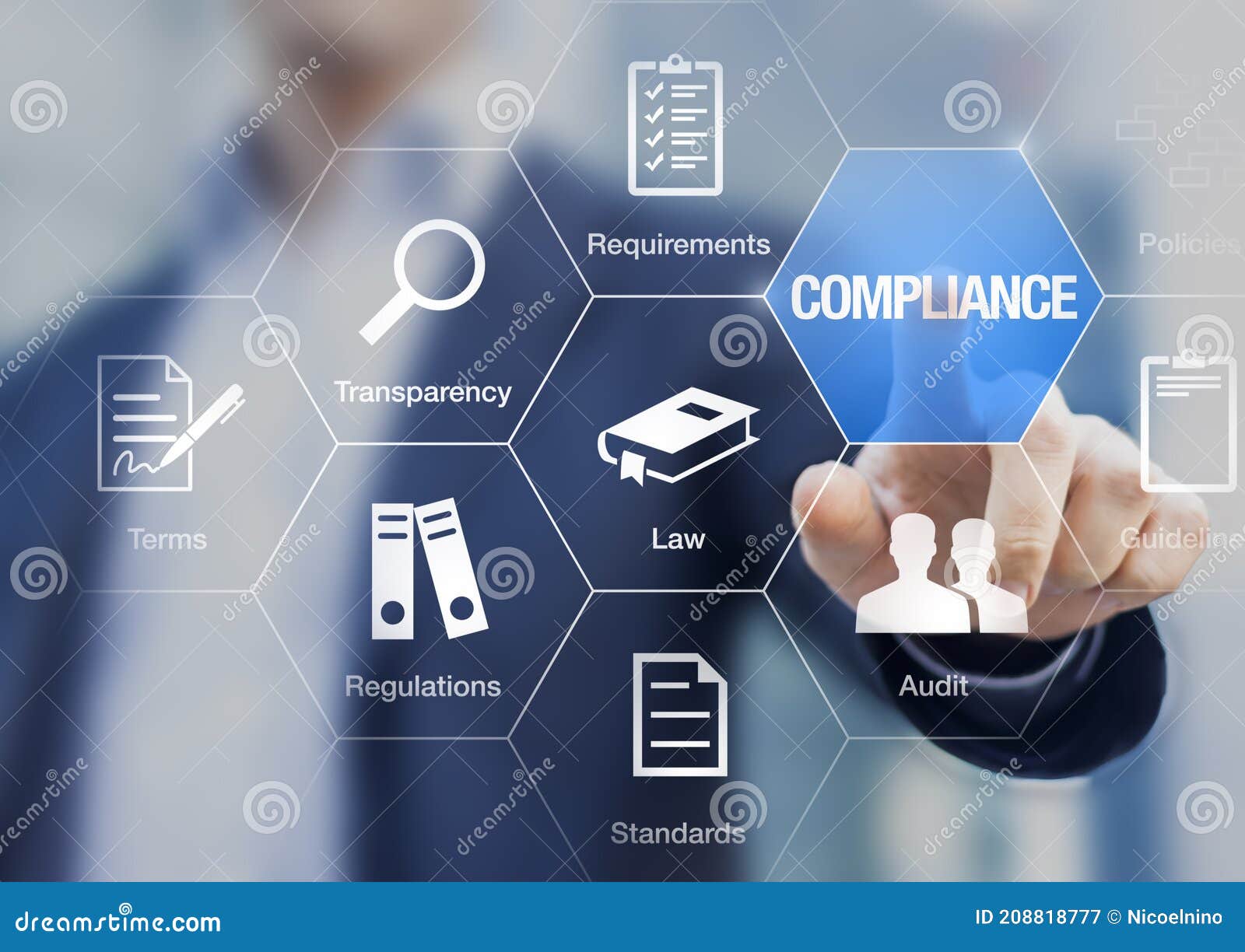 Compliance Concept With Icons, Virtual Screen, Businessman Touching ... Compliance Concept With Icons, Virtual Screen, Businessman Touching ...