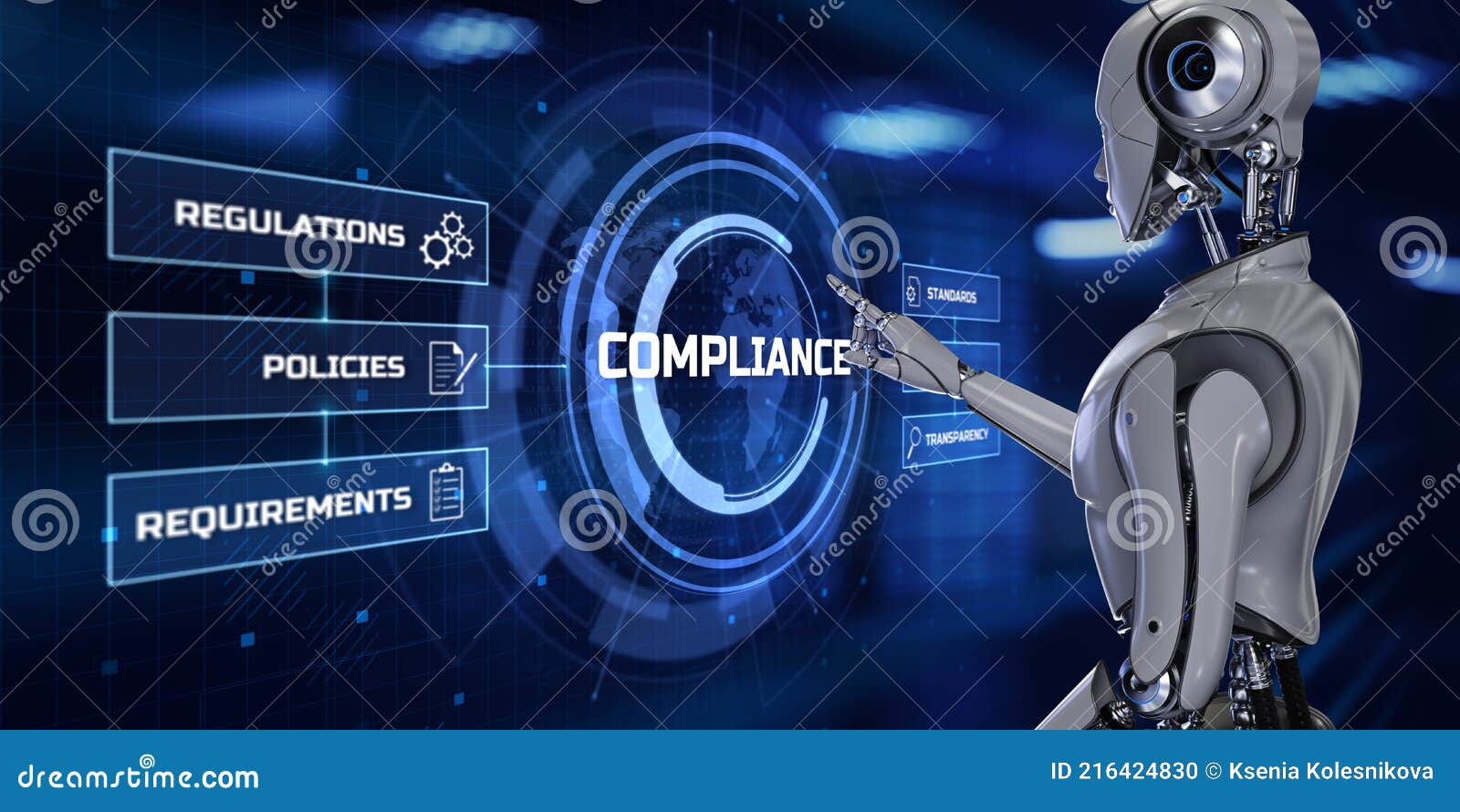 Compliance Concept. Robot Pressing Button on Screen 3d Render Stock ...