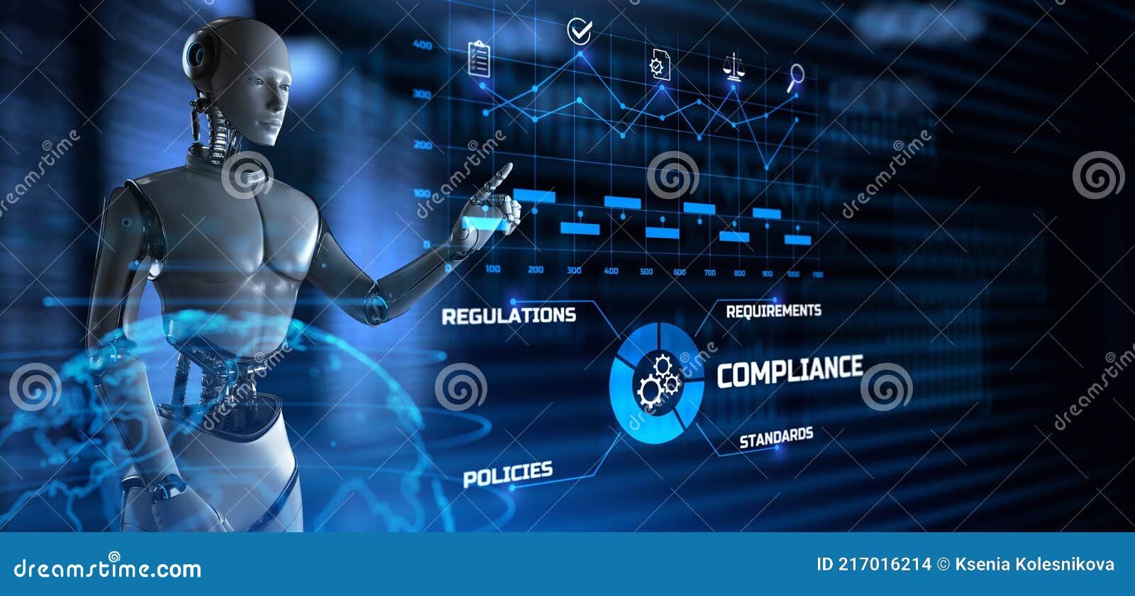 Compliance Concept. Robot Pressing Button on Screen 3d Render Stock ...