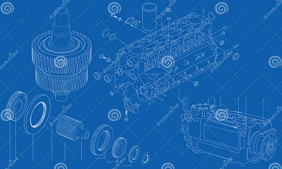 Complicated Engineering Drawing of Car Engine Sect Stock Vector ...