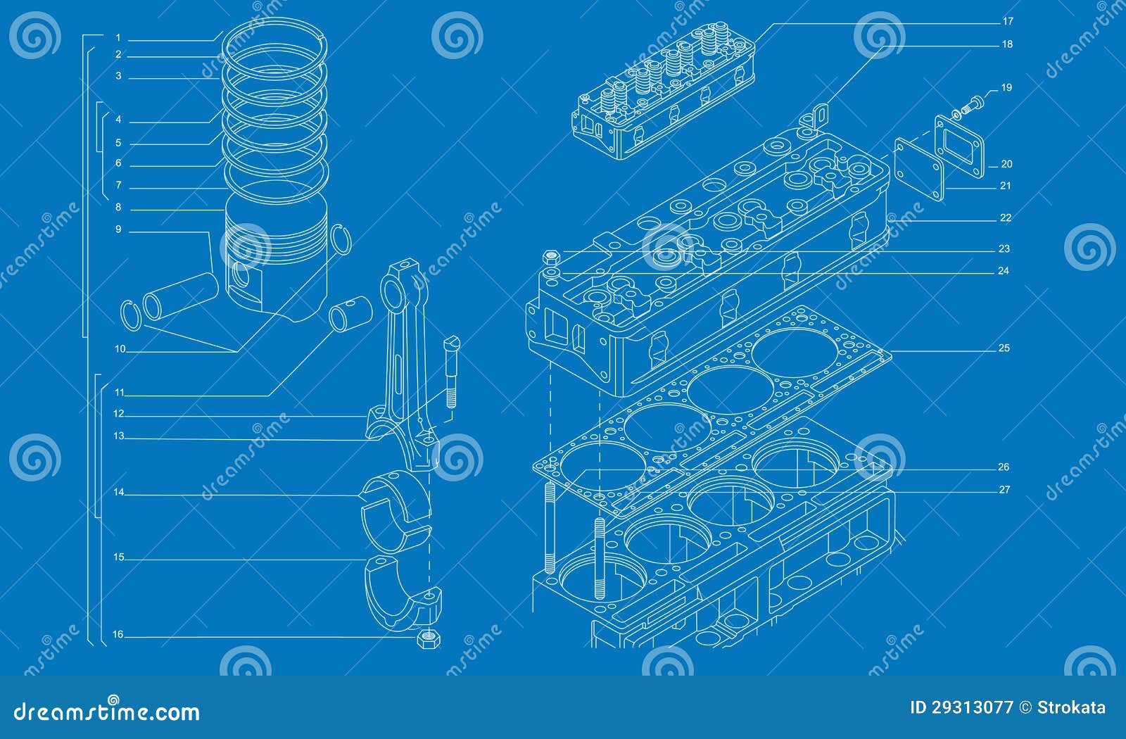 Complicated Engineering Drawing Of Car Engine Sect Vector Illustration ...