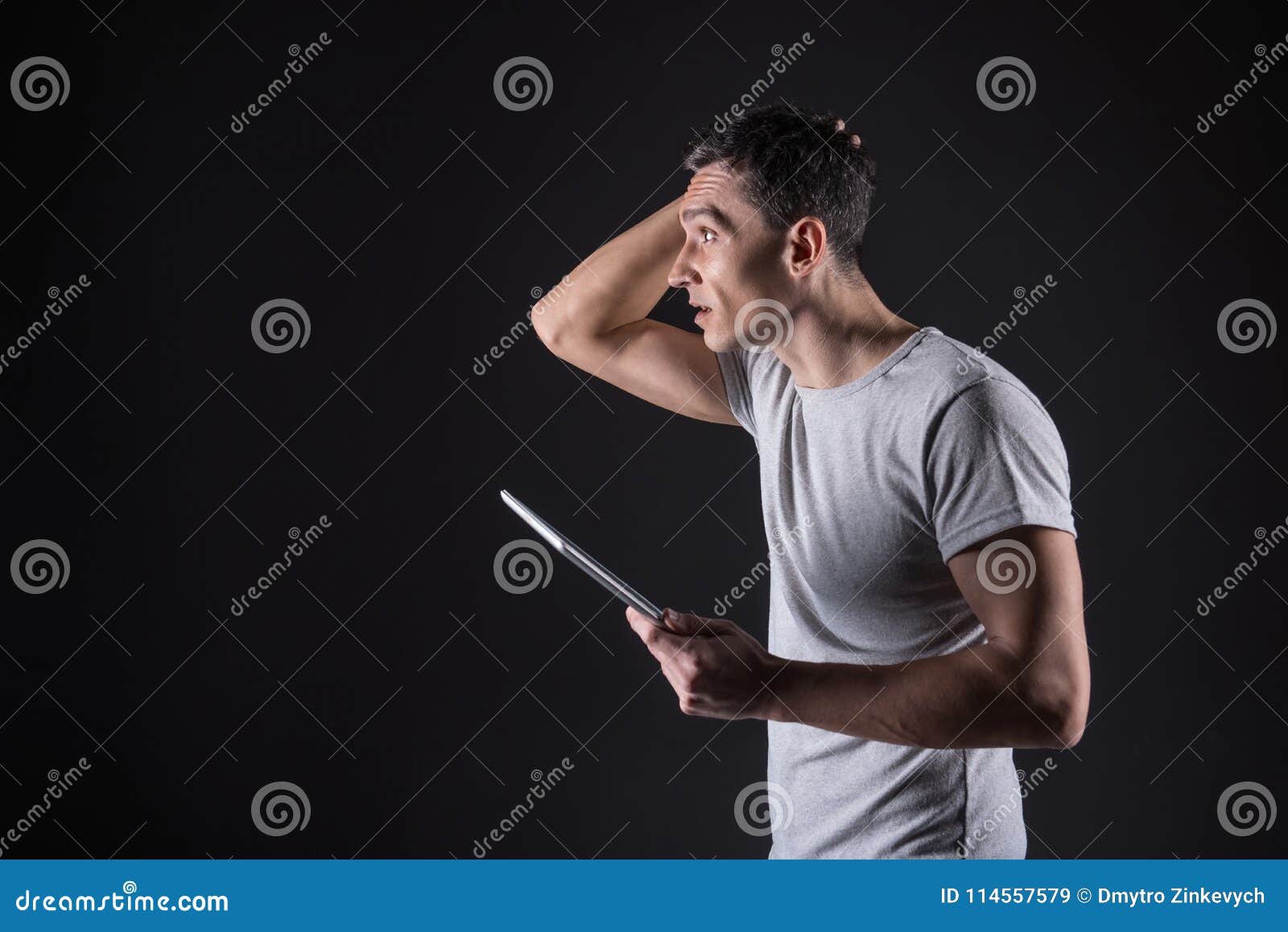 Thoughtful Nice Man Looking at the Screen Stock Image - Image of ...