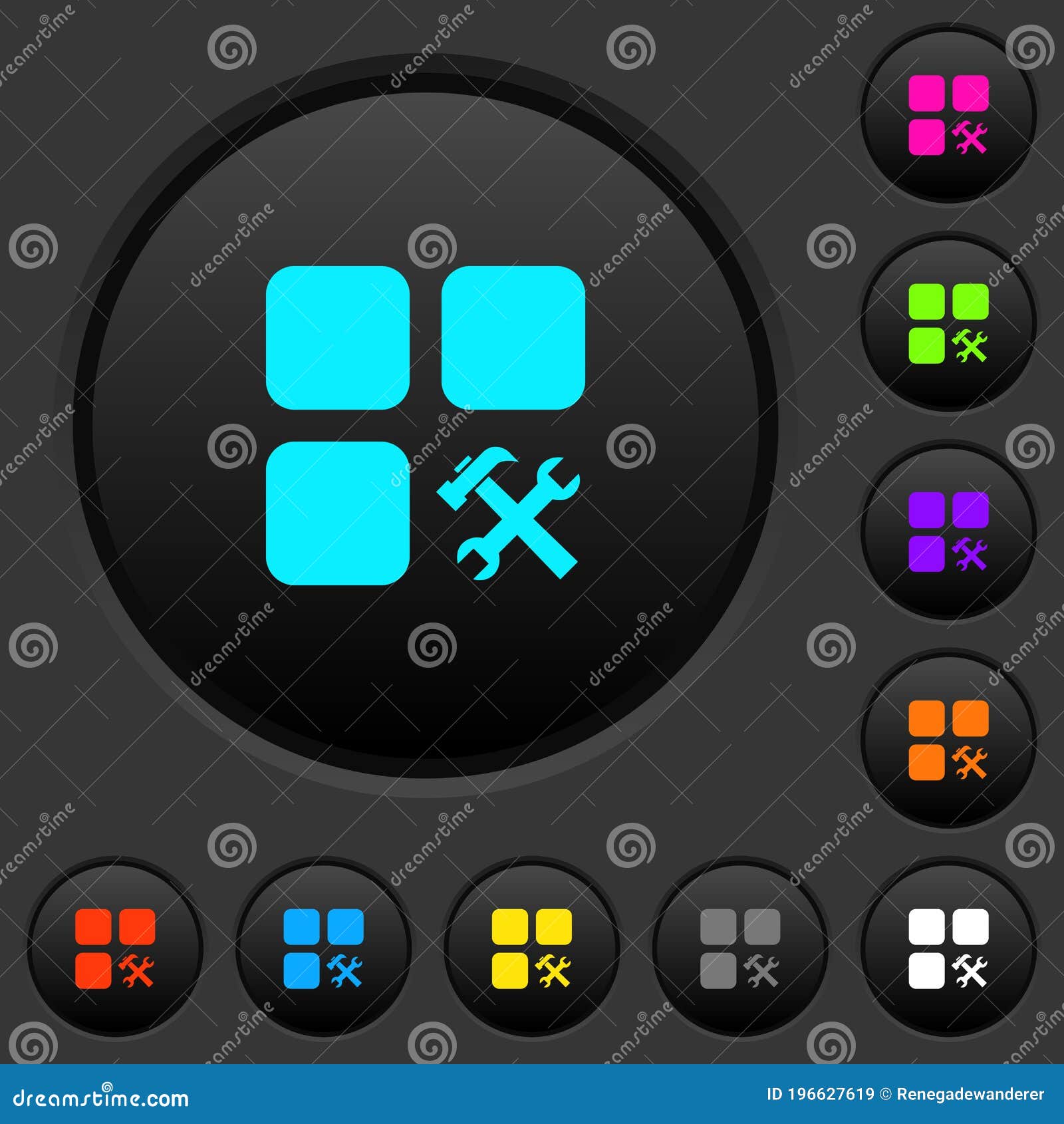 Component Tools Dark Push Buttons with Color Icons Stock Vector ...