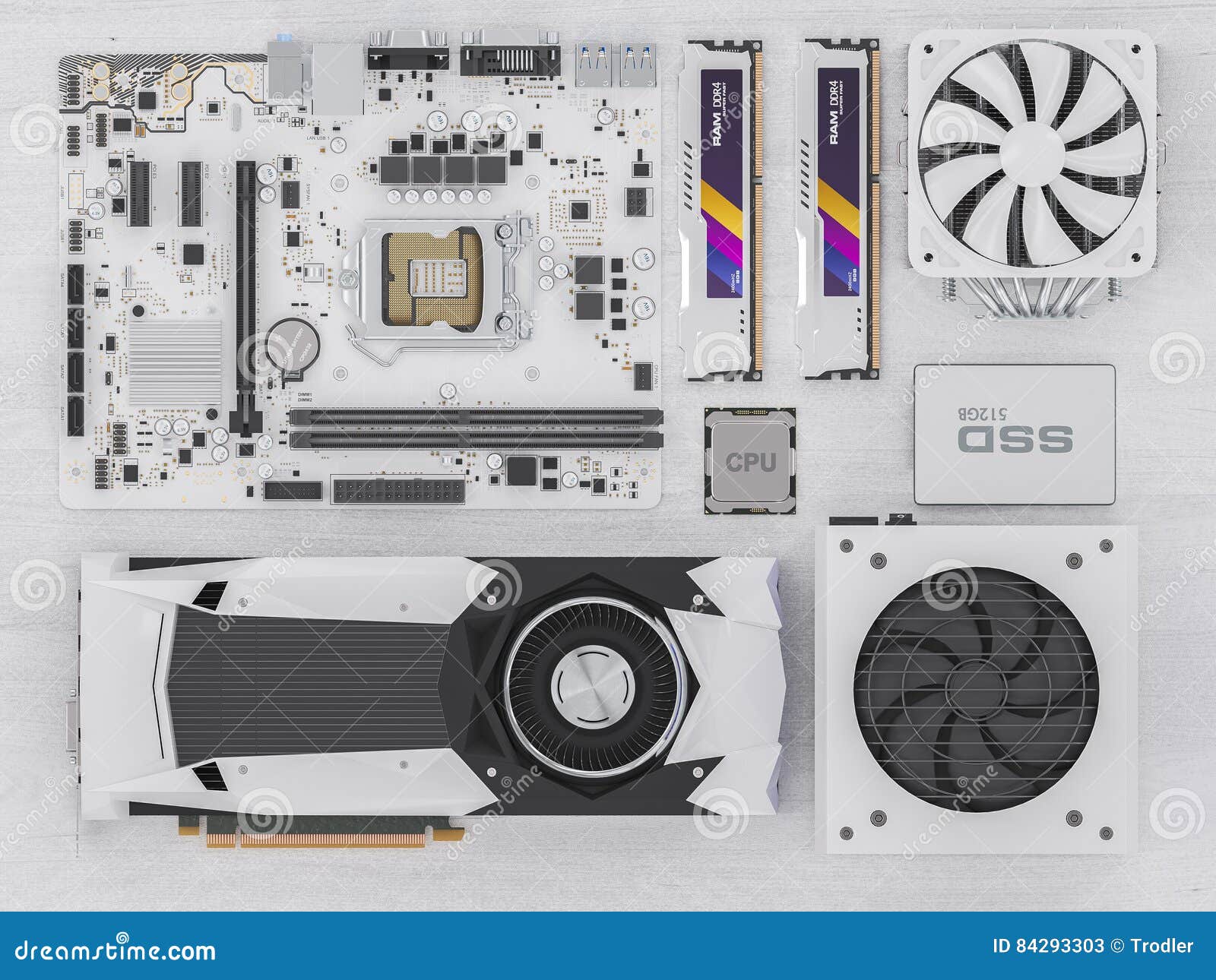 Componenti Di Hardware Del PC Su Legno Bianco Rappresentazione 3d ...