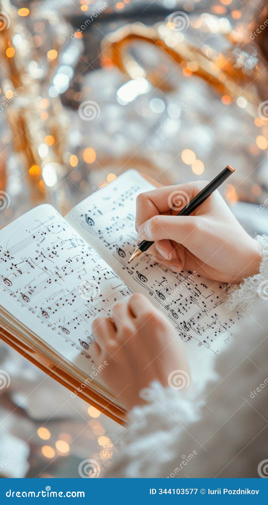 Composer Writing Music Notes in Notebook with Christmas Lights in ...