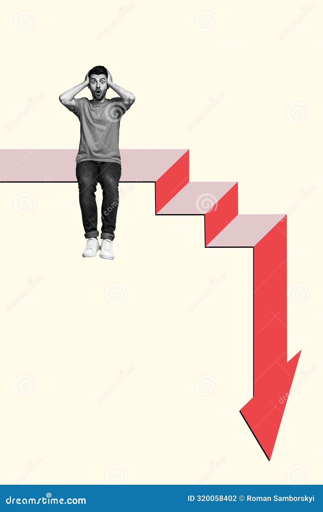 Composite Artwork Collage Image Of Mini Guy Sit Big Arrow Down Isolated ...