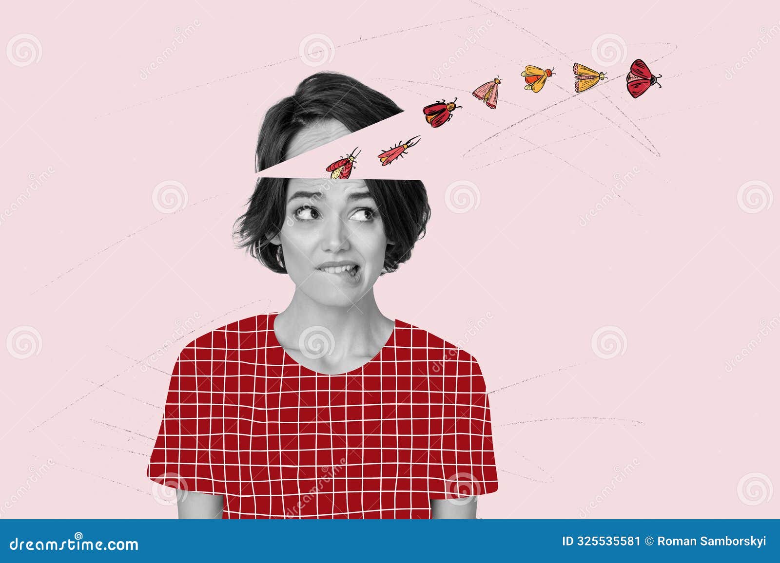 Composite Artwork Collage Image Picture of Girl Think Bote Lips Insects ...