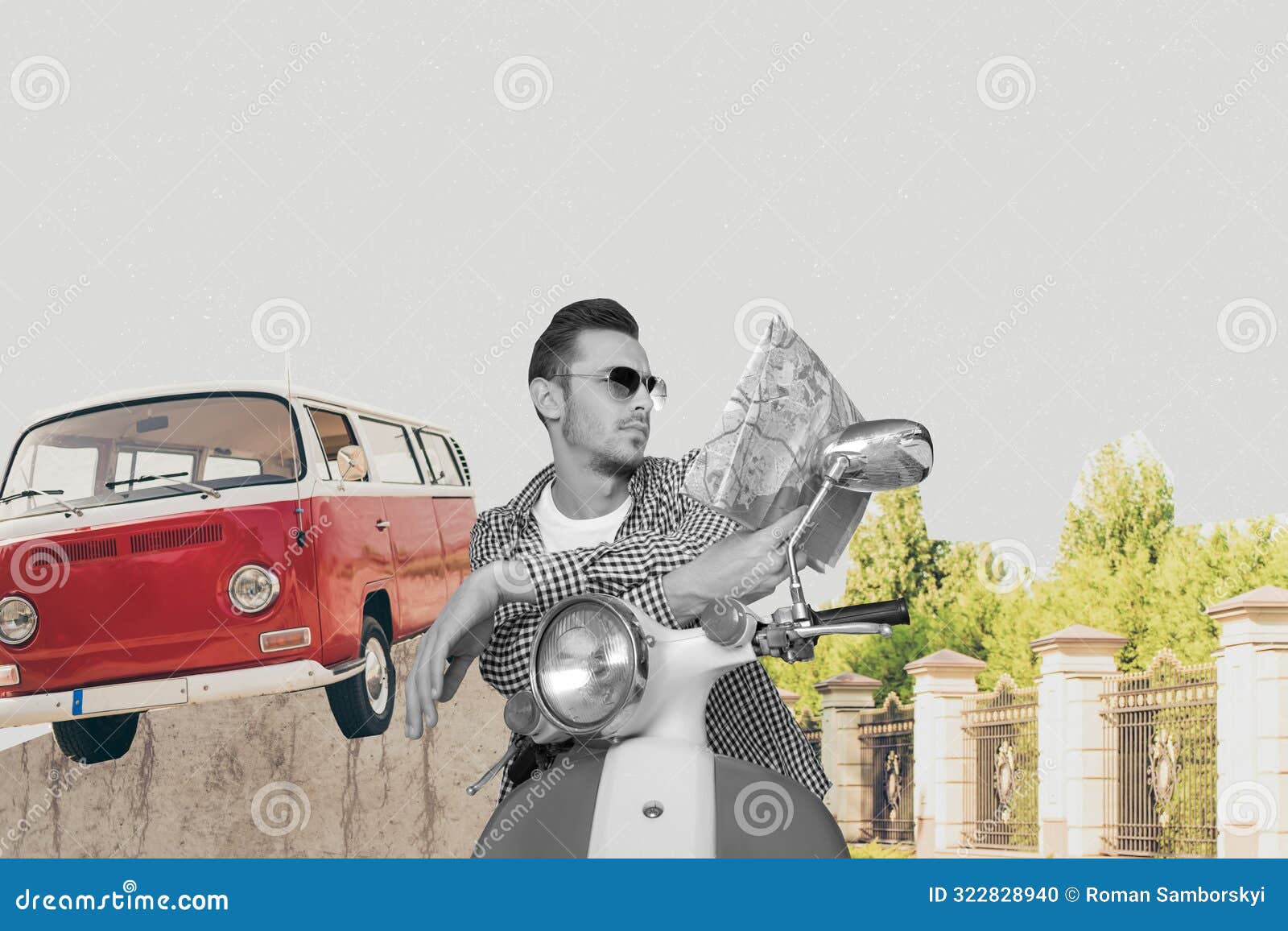 Composite Artwork Collage Image Picture of Guy Scooter Read Map Van ...