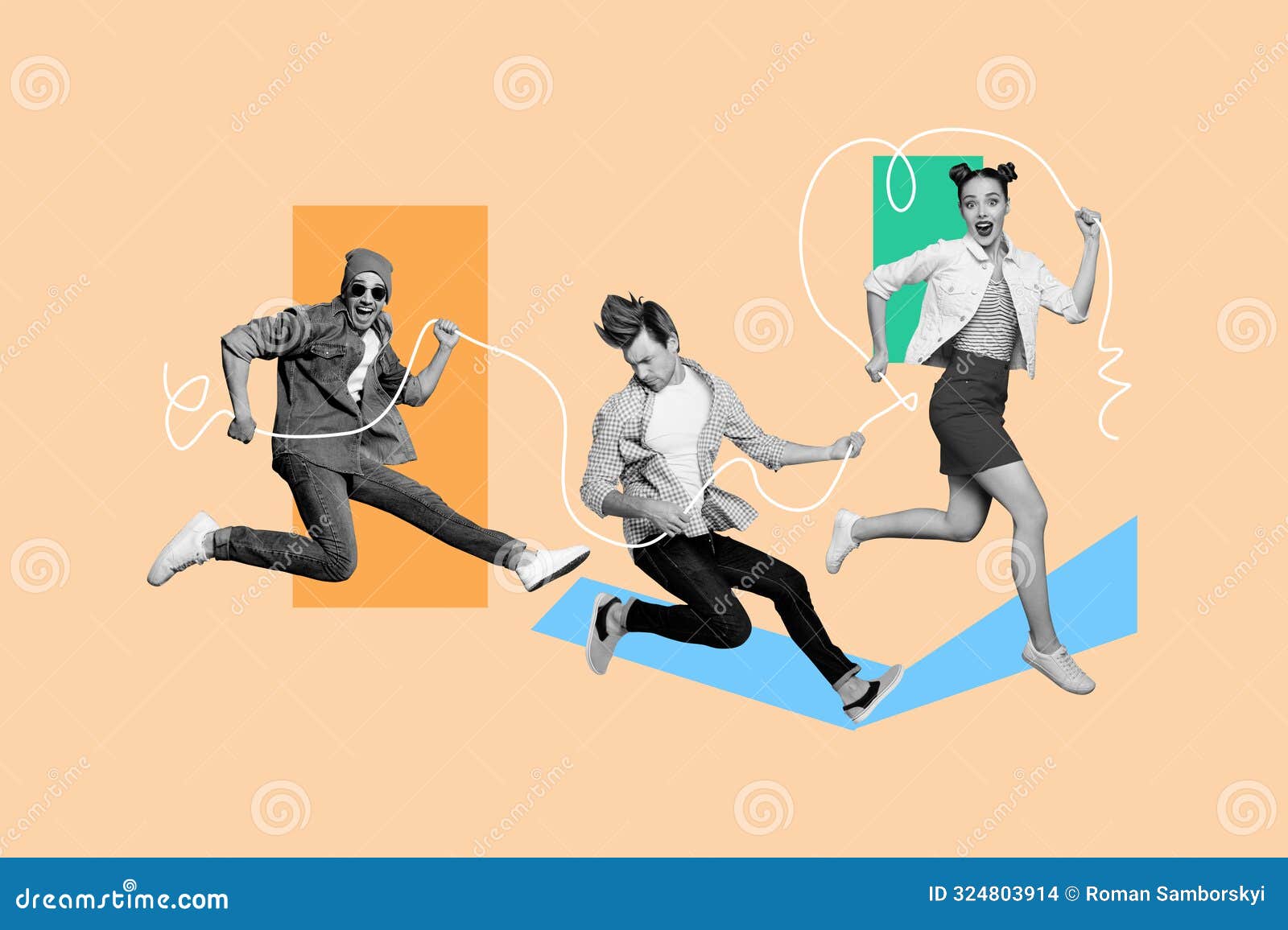 Composite Artwork Collage Picture Image of People Jump Hold String ...