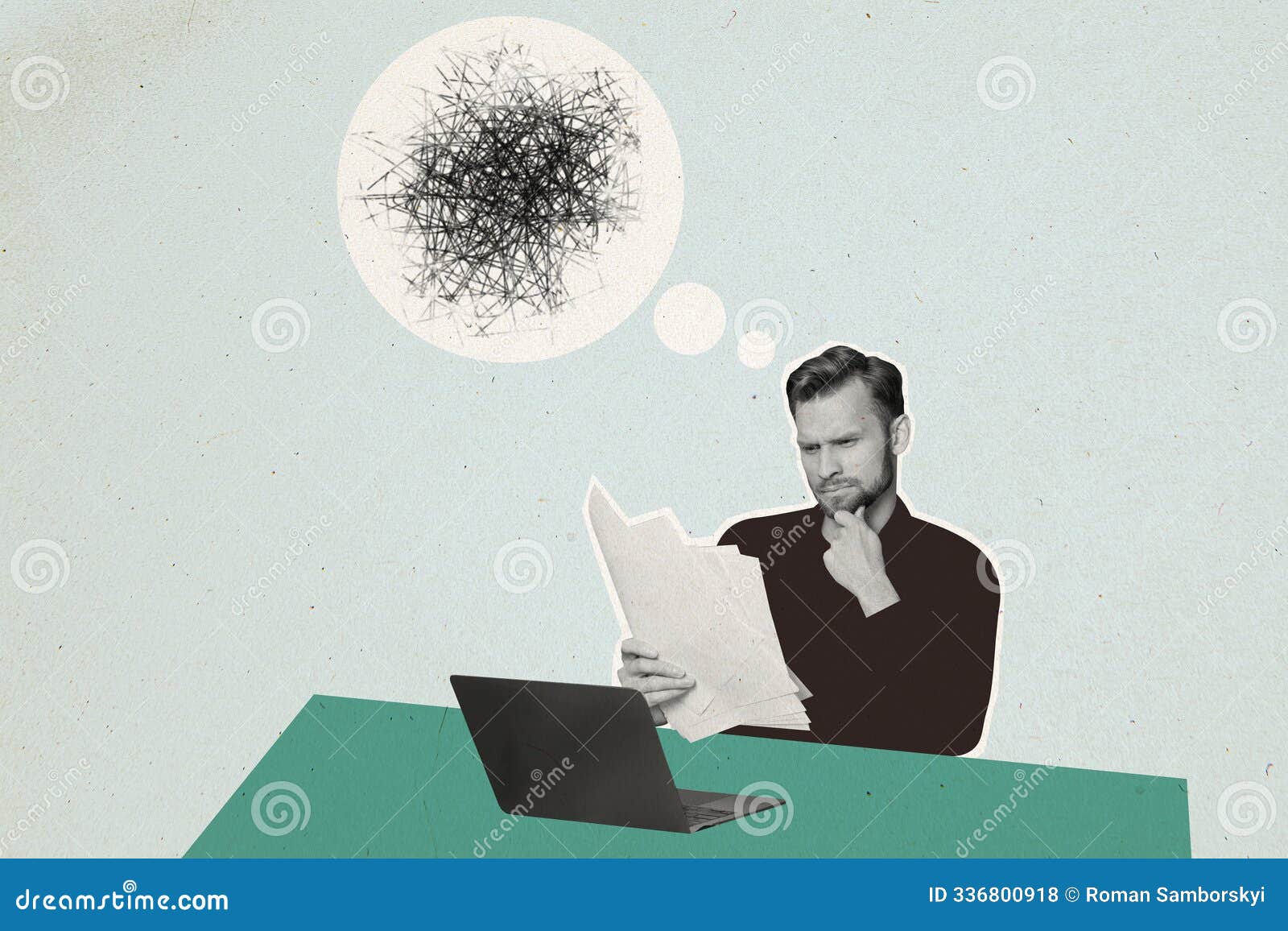 Composite Artwork Sketch Image Photo Collage of Silhouette Young Man Office Worker Hold Document ...