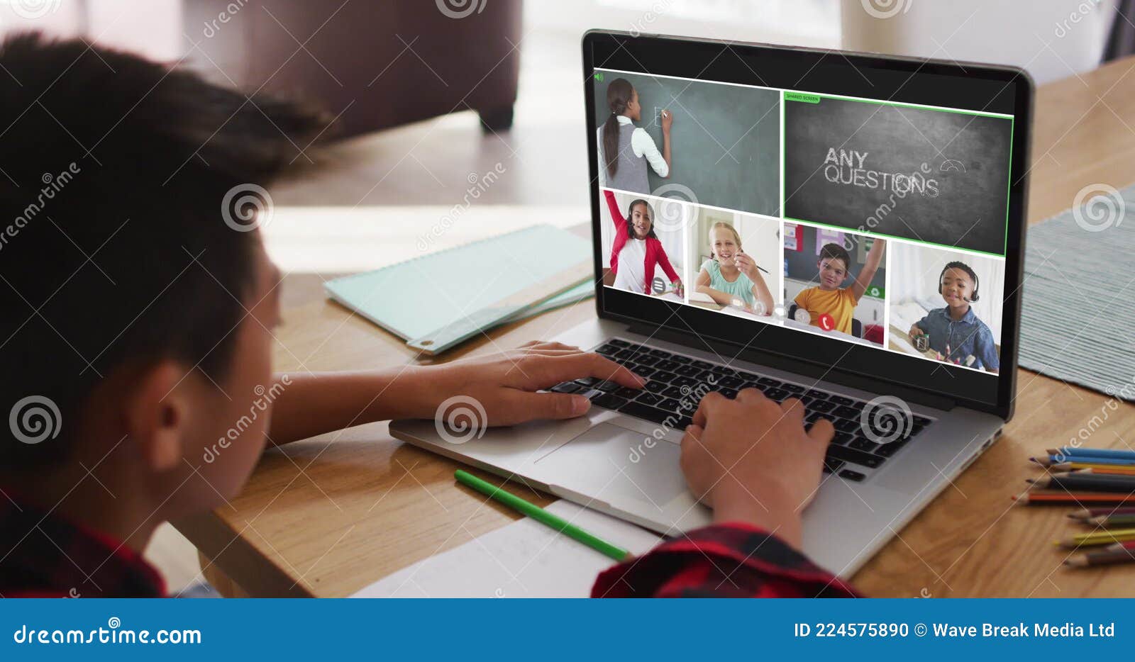 Composite of Boy Using Laptop for Online Lesson at Home, with Diverse ...