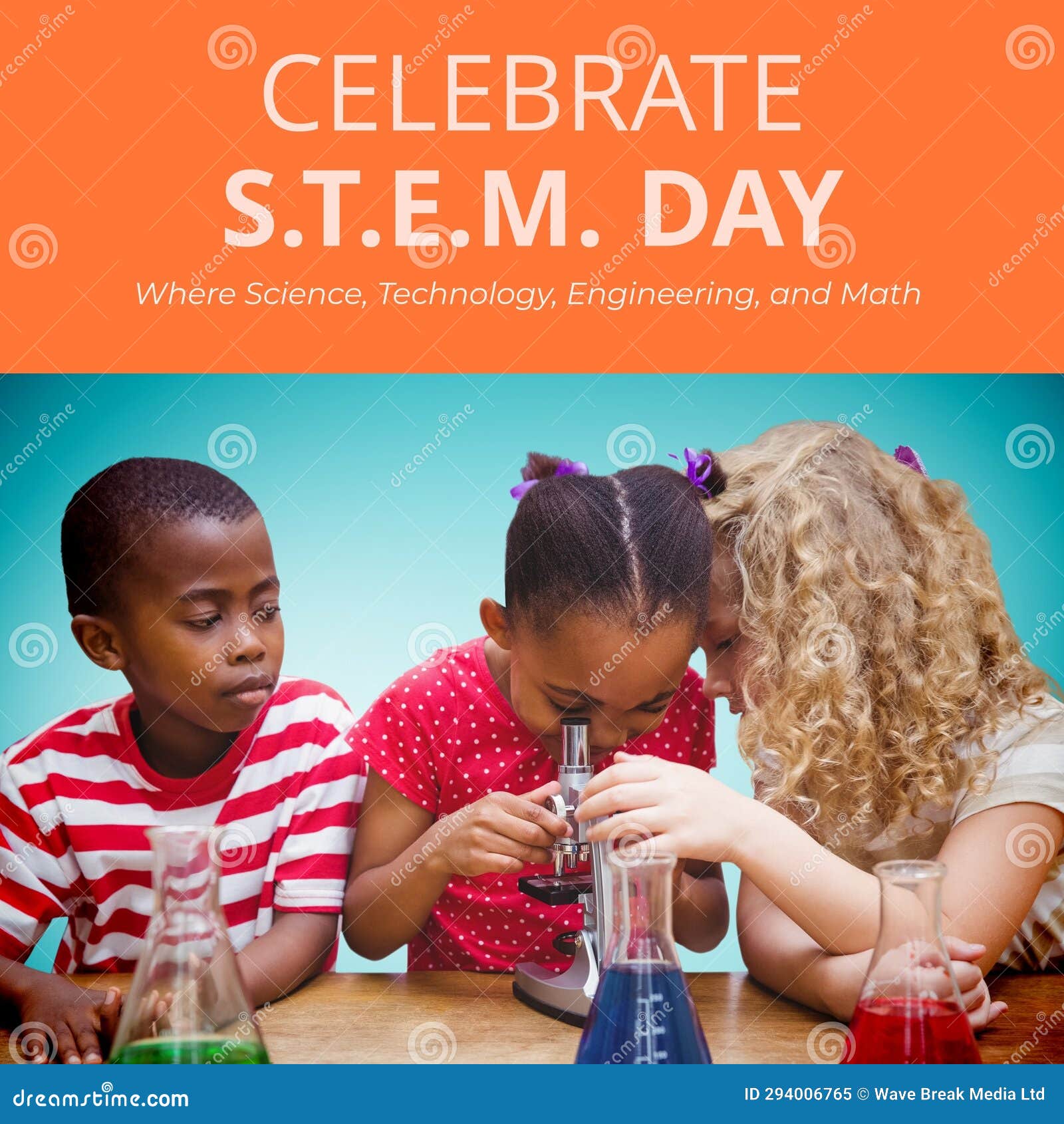 Composite of Celebrate Stem Day Text and Diverse Boy Looking at ...