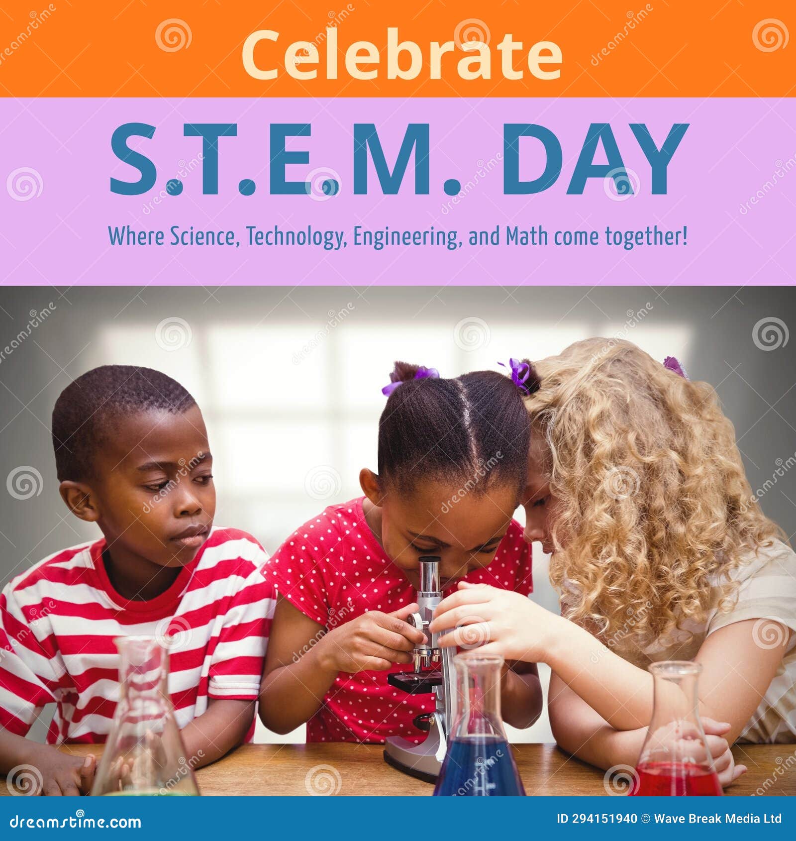 Composite of Celebrate Stem Day Text and Diverse Students Looking ...