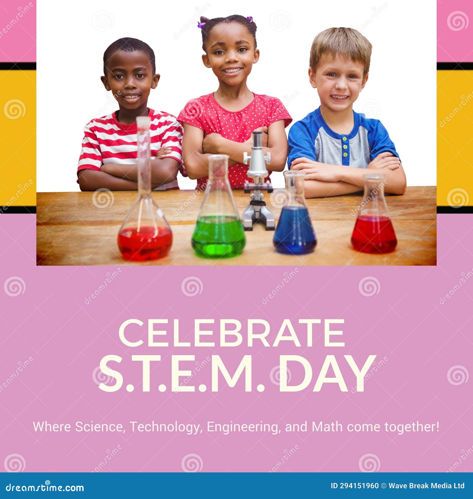 Composite of Celebrate Stem Day Text and Diverse Students Standing by ...