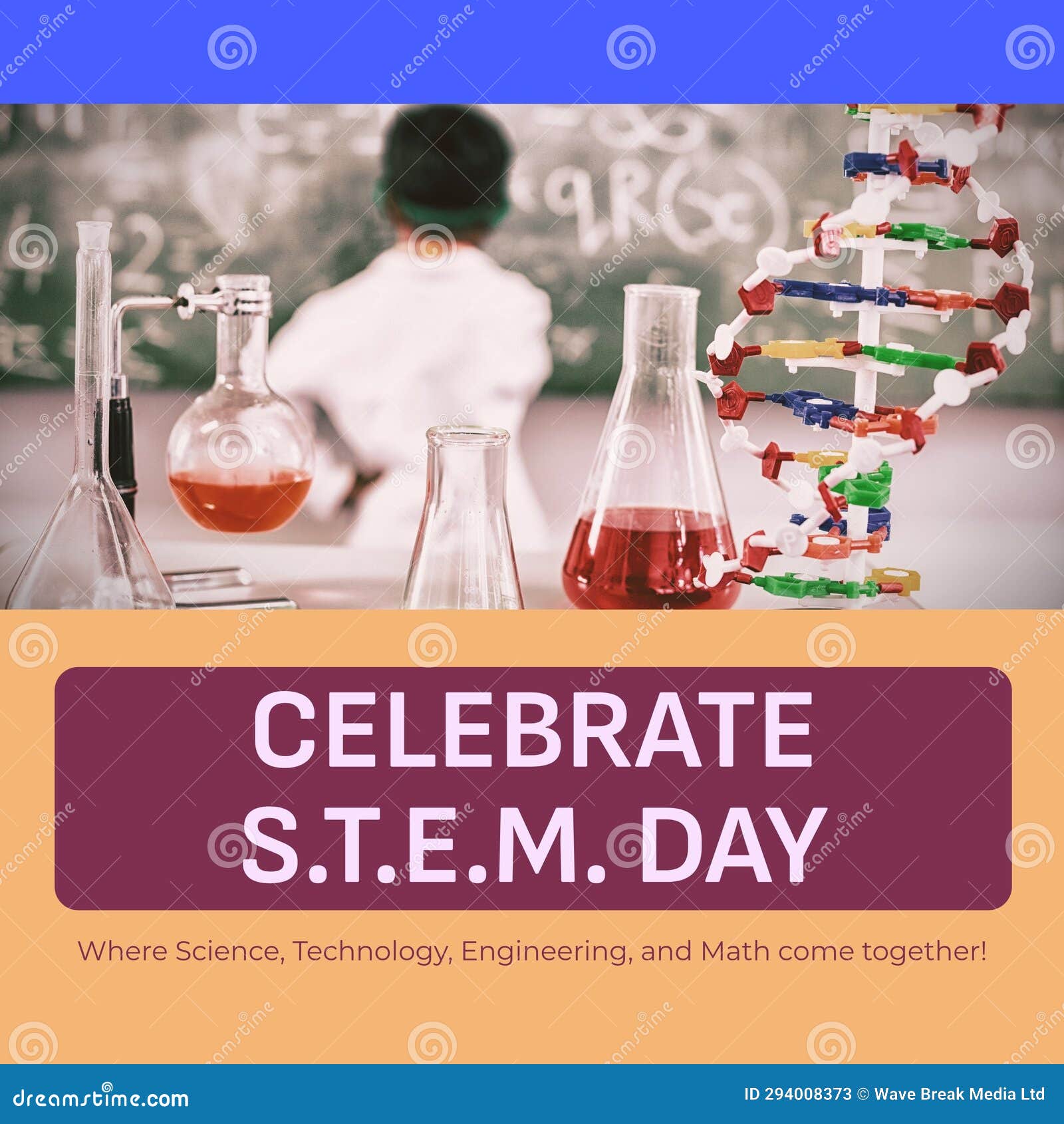 Composite of Celebrate Stem Day Text Over Laboratory Flasks and Dna ...