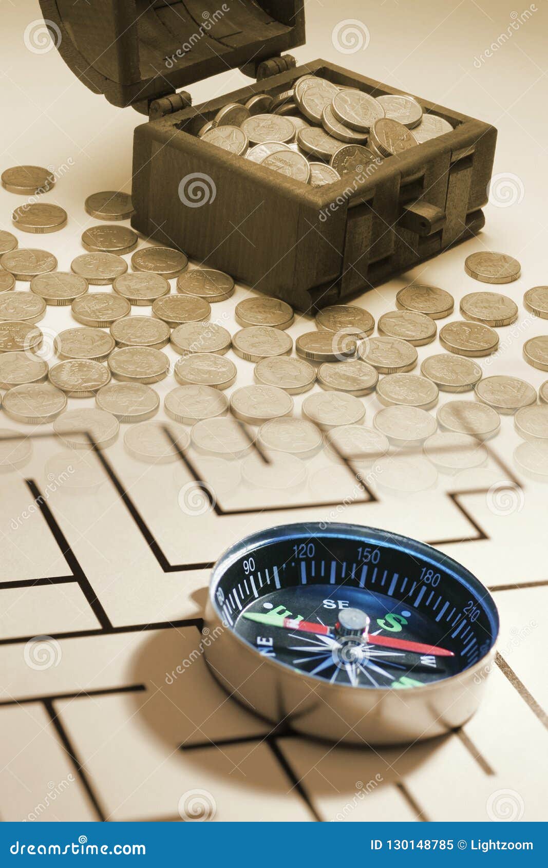 Chest of Coins with Compass Stock Image - Image of fortune, direction ...