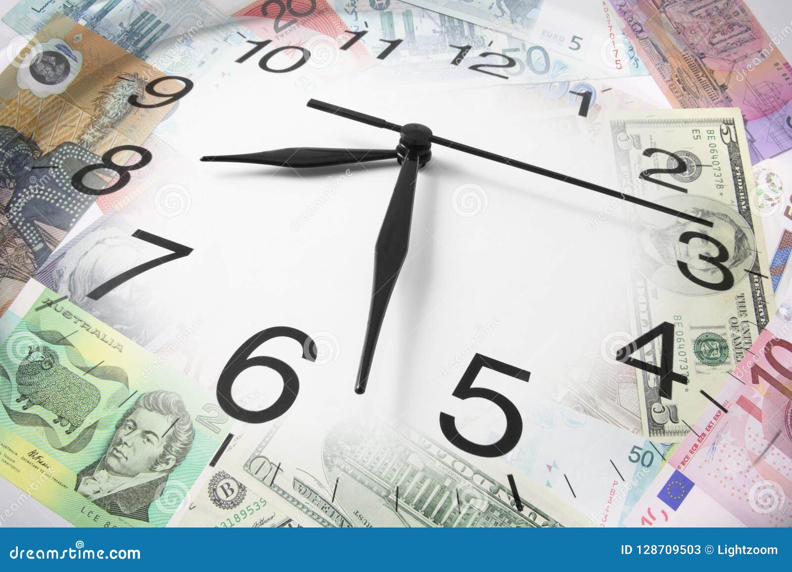 Clock and Bank Notes stock image. Image of dollars, close - 128709503
