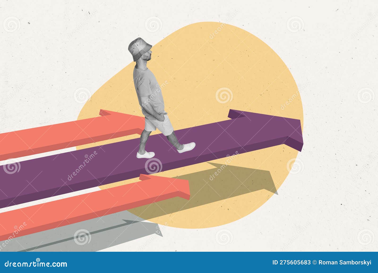 Composite Collage Image of Black White Effect Mini Guy Walking Follow ...