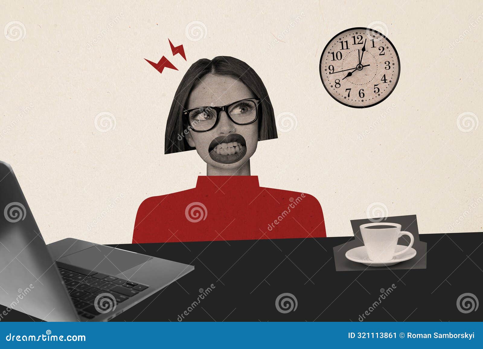 Composite Collage Image of Funny Angry Female Look Time Working Process ...