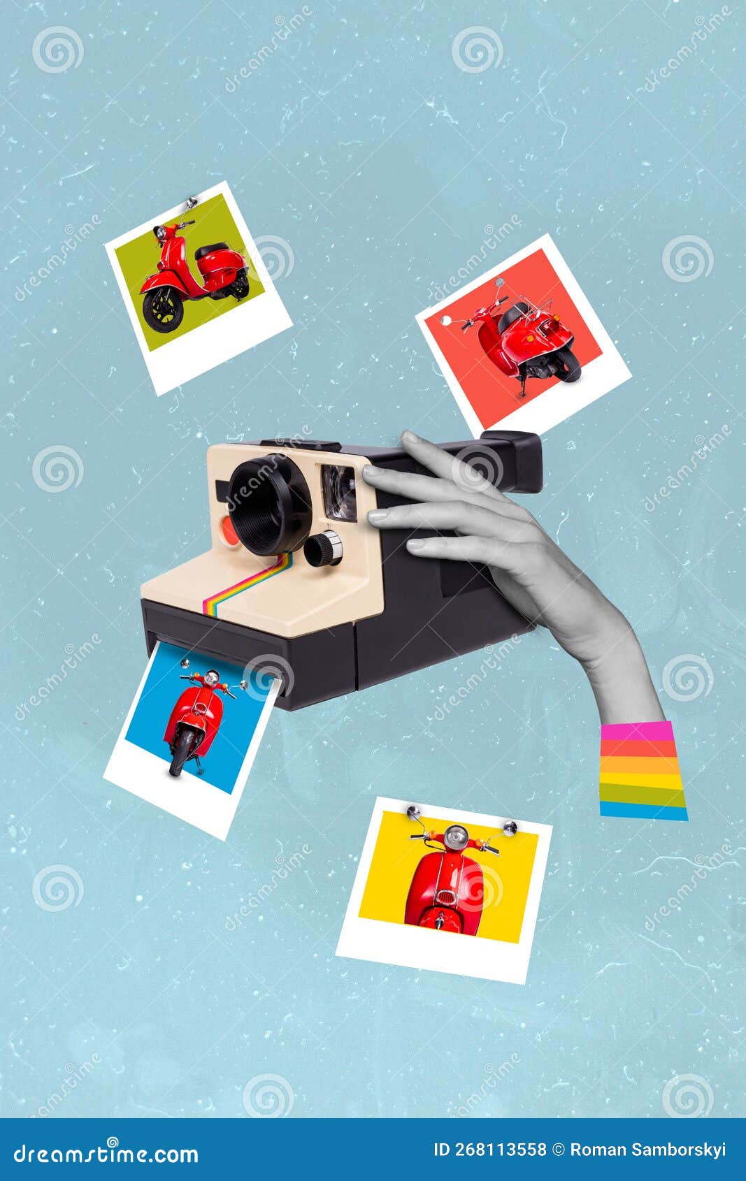 Composite Collage Image Of Hand Holding Retro Vintage Polaroid Camera
