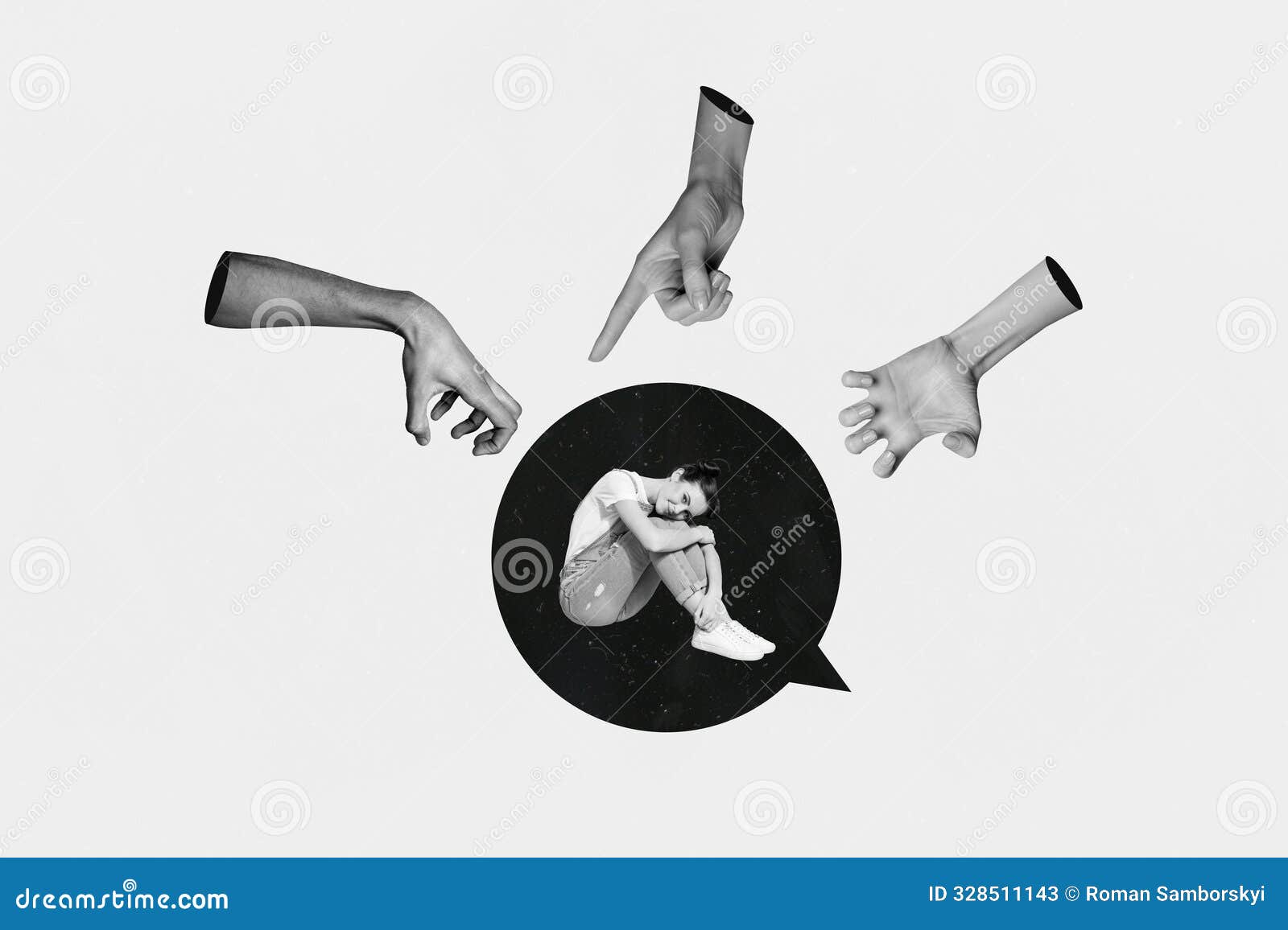 Composite Collage Image of Scared Female Inside Speech Bubble Hater ...