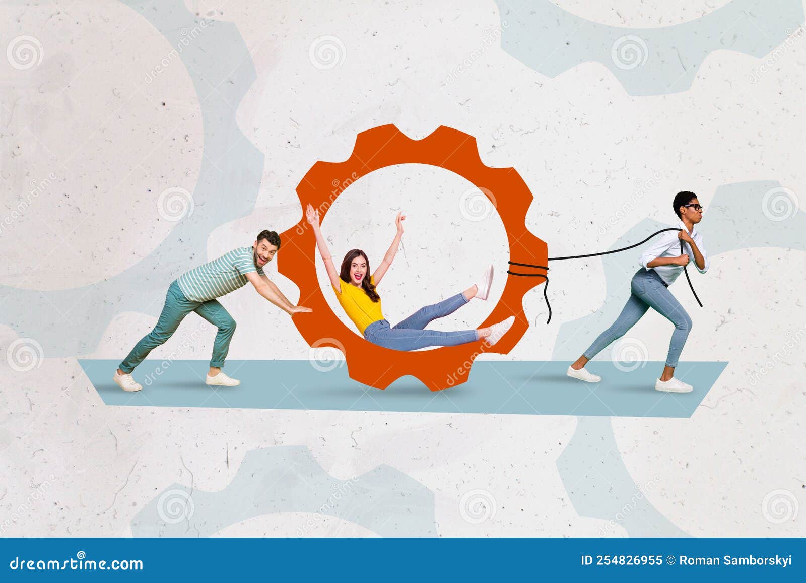 Composite Collage Image of Three Businesspeople Push Pull Big ...