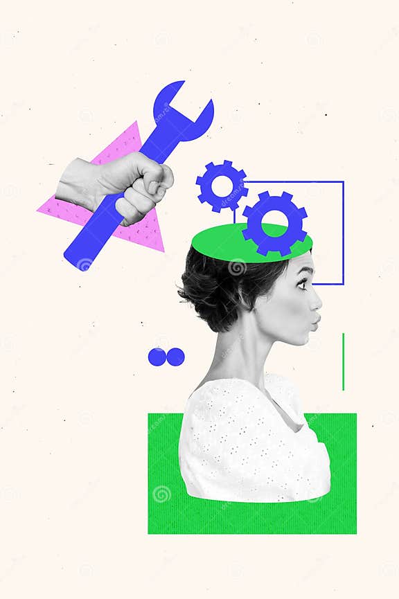 Composite Collage Picture Image of Young Female Setting Solve Problem ...