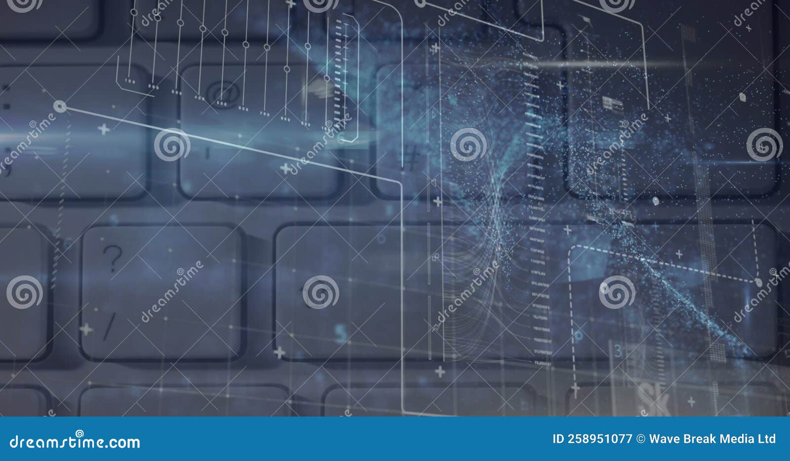 Composite Of Connected Dots Forming Abstract Pattern Over Computer Keyboard Copy Space Stock